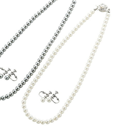 パールネックレス&イヤリングお気軽につけて頂けるガラスパールのアクセサリーです。●材質 ガラスパール、留め具 真鍮(ロジウムメッキ) ●セット内容 ネックレス(全長約42cm・珠径約6mm)・イヤリング(径約6mm)×各1 ●本体重量 約2...