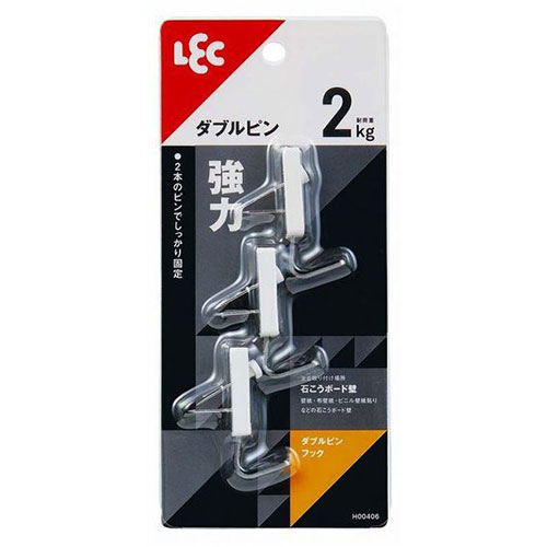 ダブルピンフック 3個入 ダブルピンフック 3個入 本体 : 10×35×45Hmm パッケージ : 80×11×180Hmm 耐荷重 : 2kg 支持部 : ABS樹脂 フック : ステンレス鋼板 ピン : ステンレス鋼線 生産国 : 中...