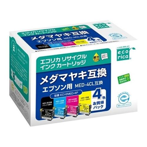 メーカー：エコリカJAN：4582743751518型番：ECI-EMED-4P■商品説明■●エプソンの一般コンシューマー向けプリンターの中でも主力機種に対応した売れ筋インクです。●インクの残量表示に対応し、純正品と同等の印字枚数及び同様の...