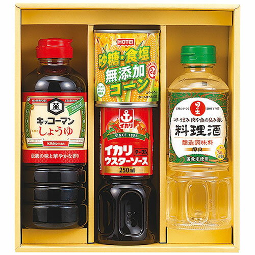 丸康 コーンで健康調味料セットお料理の幅がひろがります。メーカー品番 : COK-25 内容物 : キッコーマンこいくちしょうゆ500ml・日の出料理酒400ml・イカリテーブルウスターソース250ml各1本・ホテイ砂糖・食塩無添加コーン1...