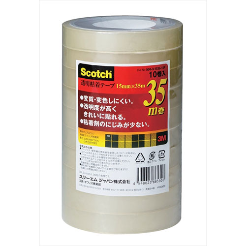 透明粘着テープ500 15mmX35m 10巻入●変質・変色しにくい透明テープです。 ●しっかり貼れる粘着力です。 ●基材:ポリプロピレンフィルム、粘着剤:アクリル系粘着剤 ●テープ厚:0.045mm、巻芯径:　76mm生産国…中国 パッケ...