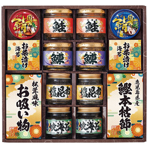 雅和膳 詰合せ和食ならではの繊細な味を詰合せた食卓にあると嬉しいギフトセットです。突然の来客にも重宝します。メーカー品番 : 6457-100 内容物 : 焼海苔佃煮85g・塩昆布18g・鰊フレーク50g・鮭フレーク40g各2瓶・さばの水煮...