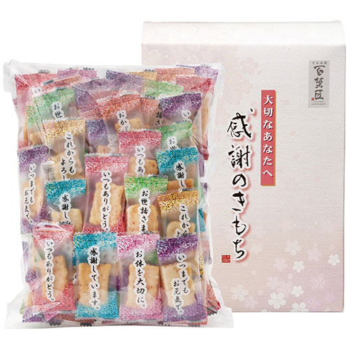 百菓匠まえだの米菓詰合せ 感謝のきもち普段言葉では言い表せない「感謝のきもち」を個包装にデザインしました。中身はソフトに焼き上げておりますので幅広い年代の方に召し上がっていただけます。メーカー型番 : OT-10 内容物 : 2種類の味付け...