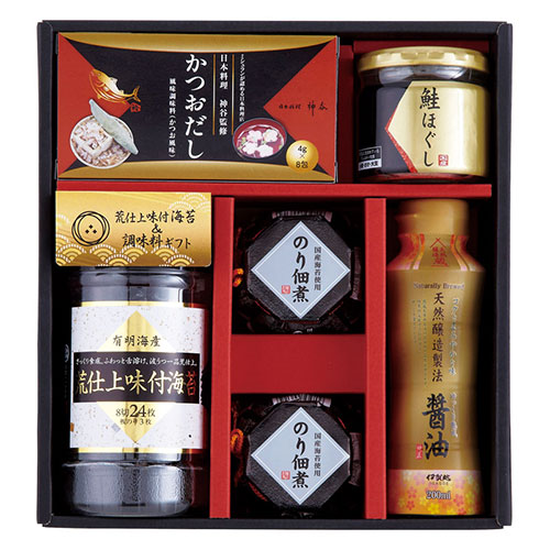 荒仕上味付海苔&調味料ギフトミシュランが認める日本料理店「神谷」監修の味をご家庭でもお楽しみくださいメーカー品番 : NH-CZ セット内容 : のり佃煮(80g)×2、味付のり(8切24枚)・鮭ほぐし(50g)・伊賀越 天然醸造醤油(20...