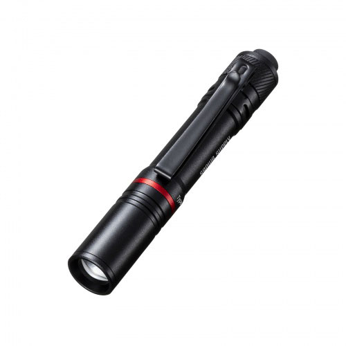 USB充電式のペン型LEDライト・ショートタイプ。先端を回せば、スポット・ワイド照射の切替が可能。●USB充電式のペン型LEDライト。 ●別売りの単4乾電池でも使用可能。 ●先端を回せば、スポット・ワイド照射の切替が可能。 ●照射スイッチ操...