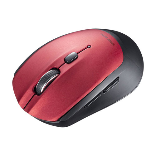 インターネット閲覧などに便利な「進む」・「戻る」ボタン付きの5ボタンBluetooth BlueLEDマウス。レッド。●インターネット閲覧に便利な「進む」「戻る」ボタンが付いた、5ボタンBluetoothマウスです。 ●標準的なサイズで持ち...