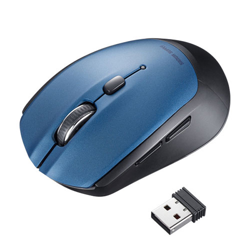 インターネット閲覧などに便利な「進む」・「戻る」ボタン付きの5ボタンワイヤレスブルーLEDマウス。ブルー。●インターネット閲覧に便利な「進む」「戻る」ボタンが付いた、5ボタンワイヤレスマウスです。 ●標準的なサイズで持ちやすく疲れにくい形状...