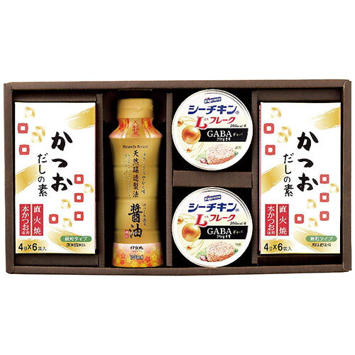 花霞 調味料詰合せ厳選した食卓の必需品を心を込めてお届け。メーカー品番 : CR-BN 内容物 : 天然醸造しょうゆ(濃口)200ml×1本・はごろもシーチキンLフレークGABA入り70g×2缶・マルトモかつおだしの素(4g×6袋)2箱 ア...