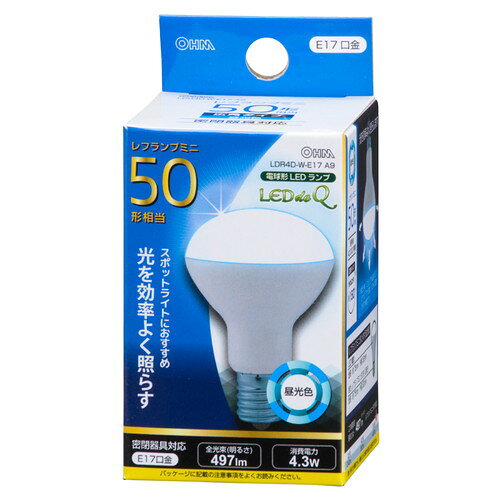 メーカー名:オーム電機 OHM 型式:LDR4D-W-E17A9 JAN:4971275607705 ● レフランプミニ50形相当の明るさ ● 光を効率よく照らすので、スポットライトにおすすめです。 ● 約150°光りが広がる広角タイプ ●...