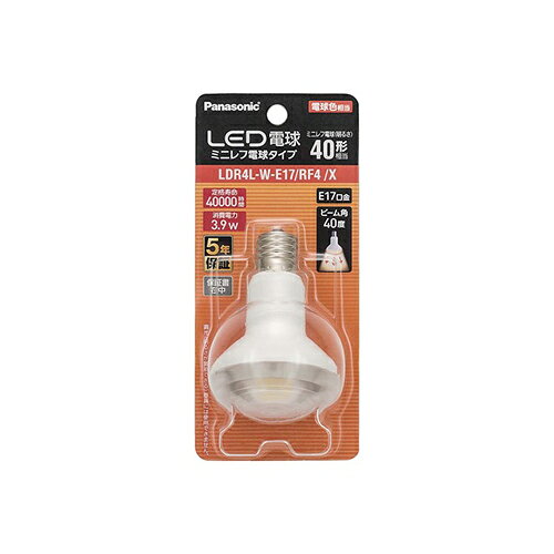 メーカー名:パナソニック Panasonic 型式:LDR4LWE17RF4X JAN:4549980396360 寸法：外径：50mm、長さ：75mm 質量：50g 種別：ミニレフ電球タイプ 3.9W 光色：電球色相当 口金：E17 周波...