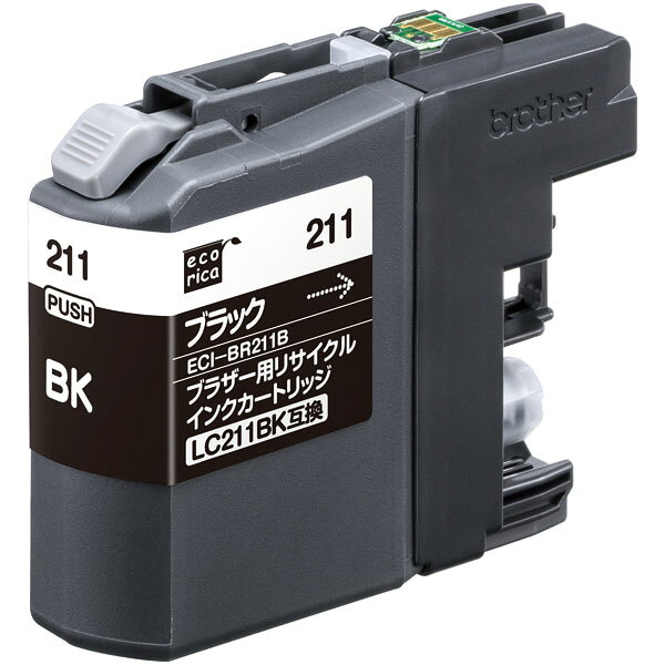 メーカー：エコリカJAN：4562451400809型番：ECI-BR211B■商品説明■●純正品のカートリッジを再利用！使用方法は従来品と全く同じ●ブラック/顔料●純正型番:LC211BK■仕様■・サイズ(約):85×145×24mm ・...