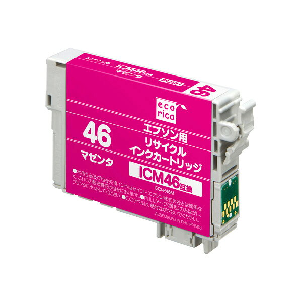 メーカー：エコリカJAN：4571163364644型番：ECI-E46M■商品説明■●純正品を再利用しているから、プリンターとの相性抜群！●マゼンタ/顔料●純正型番:ICM46■仕様■・サイズ(約):130×160×14mm ・質量(約)...