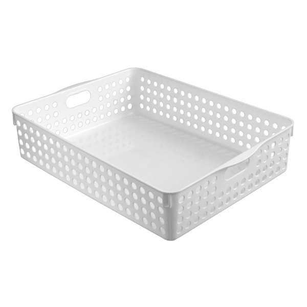 収納バスケットです。A4サイズを収納できるバスケットです。持ち手穴が開いており移動や引き出しに便利です。オフィスの書類や洗面のタオルなどをまとめて収納できます。●外寸(約)・264×353×高さ81mm●底内寸(約)・239×317×高さ7...