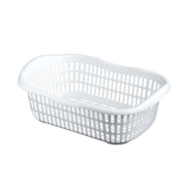 脱衣かごです。入浴時の衣類置きや洗濯物入れとしてお使いいただけます。持ち手が付いて移動も便利です。おもちゃなどの小物もまとめて収納できます。●外寸(約)・442×301×高さ148mm●色・ホワイト●原料樹脂・ポリプロピレン●用途・ランドリ...