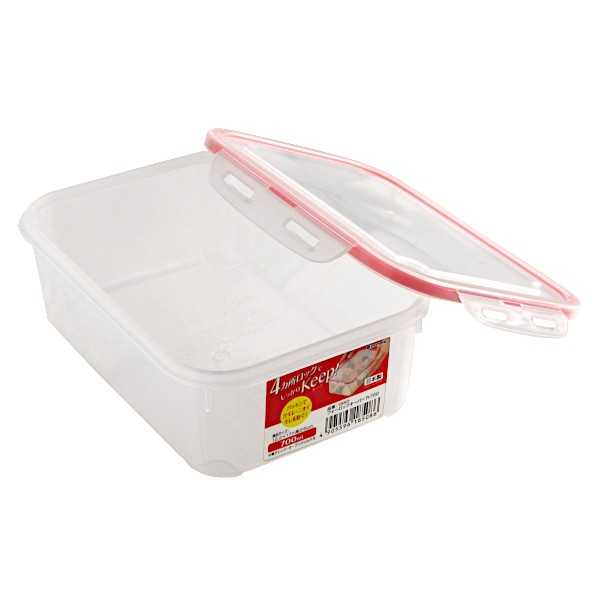 食品保存容器です。4か所ロックでしっかりキープできます。パッキン付きで汁もれ・ニオイもれを防ぎます。※直火・電子レンジ・オーブン・グリル・食器洗浄機・乾燥機 非対応●外寸(約)・12.2×17×高さ6cm(フタ含む)●容量(約)・700ml...