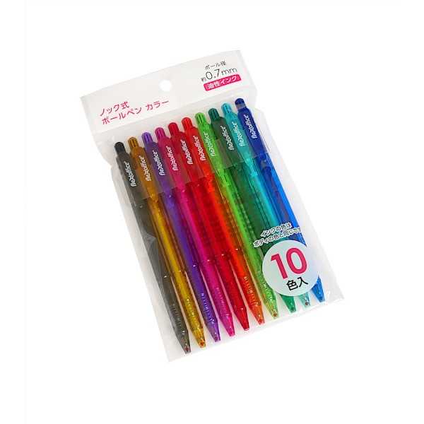 カラーボールペン、10本入りです。ボール径0.7mmの油性インクのカラーボールペンです。インクの色はボディの色と同じです。色を使い分けて書けてわかりやすいです。●1本のサイズ(約)・全長142mm●材質・ポリスチレン ポリアセタール●用途・...