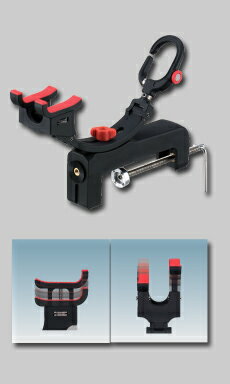ワイドなリール受部は、左右独立高さ調節機能採用で左右それぞれに高さ調節ができ、形状が非対称の両軸リールでも安定して搭載できます。有効取付幅:15～130mm　