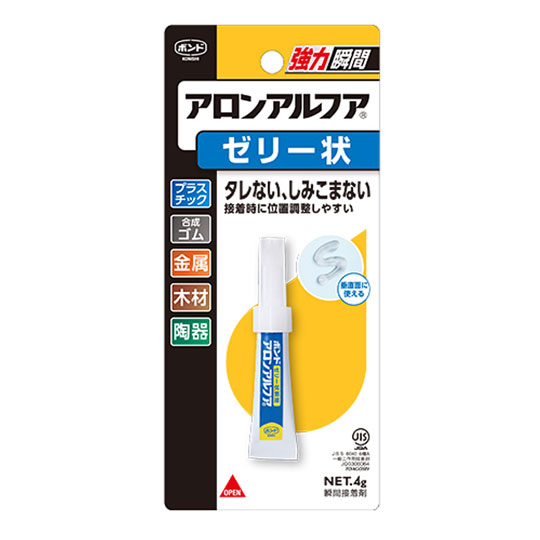 ボンド　アロンアルファ　ゼリー状瞬間◆NET：4g◆用途：木製家具、陶器の置物、アクセサリー、小物類、プラスチック模型など★タレない、しみこまない。位置調整がしやすい。