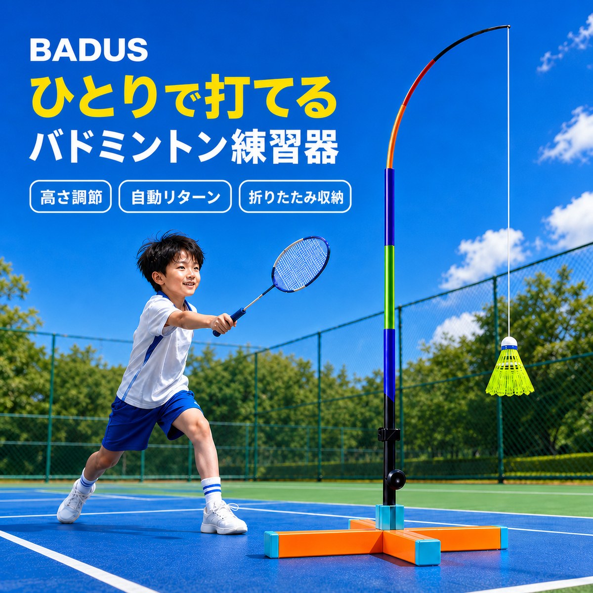 BADUSのバドミントン練習器は、弾力コードでつないだシャトルを打ち、ひとりで反復練習しやすい自動リターンタイプです。屋外コート、公園、体育館、広い室内など、周囲に十分なスペースを確保できる場所で使用できます。ポールの高さは約1.6〜4.0...