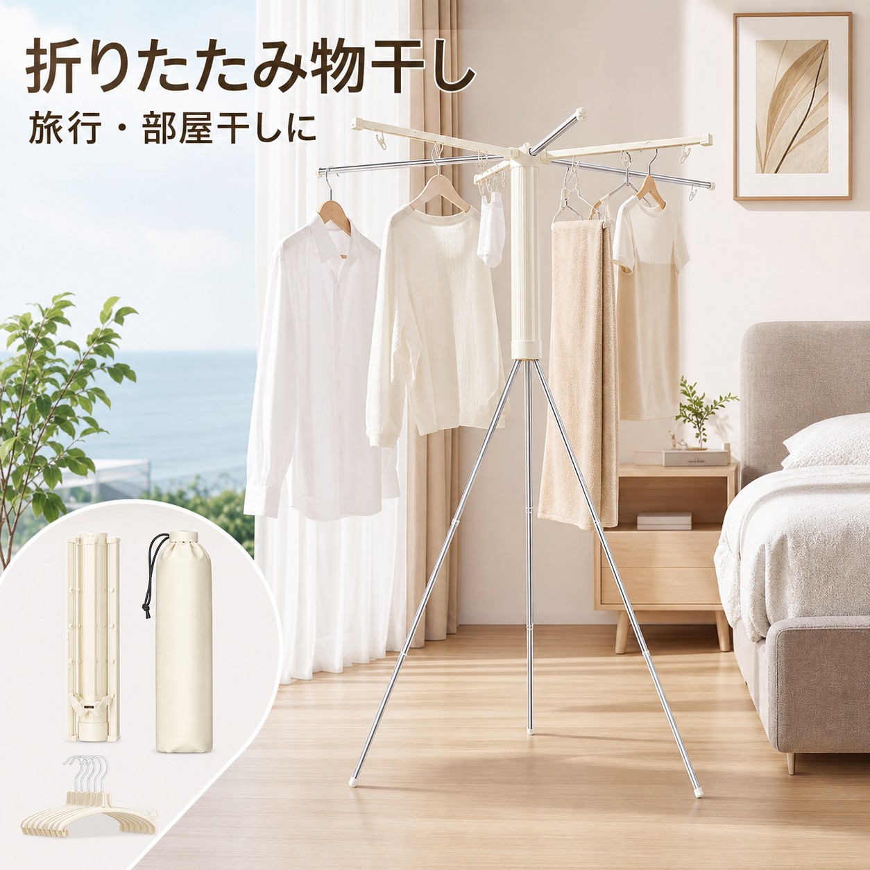 BADUSの折りたたみ物干しは、旅行、出張、室内干し、ベランダ干しに使いやすいポータブルタイプのハンガーラックです。使う時は広げて衣類を掛け、使わない時は折りたたんで収納できます。重量は約1kgで、収納袋付きです。スーツケースや車での移動時...