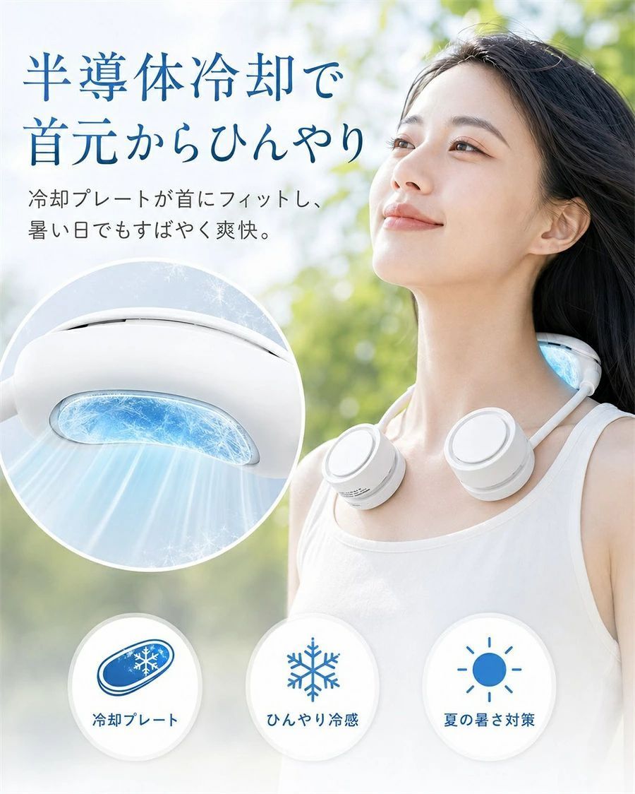 商品情報ネックファン 商品仕様本体サイズ：幅11.8×奥行5.9×高さ4.2cm（収納時）重量 ：約180g材質： ABS、シリコン内蔵電池：リチウムイオンポリマー電池 1600mAh充電時間 ：約3時間連続使用時間 ：約1.5〜6時間※選...