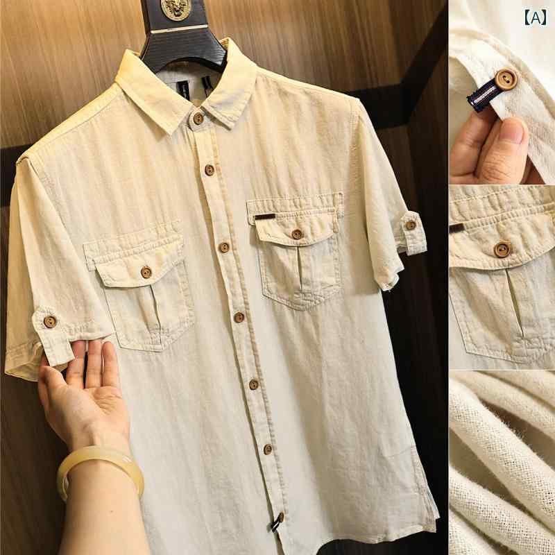 南米からの 注文！ 厚手 ウォッシュ 加工【 綿 麻】 夏 メンズ 立体 ワーク バッグ ファッション 半袖 シャツ: フィン適用季節：夏: 標準生地の機能：柔らかな光沢厚さ：薄い上場年と時期：2024年夏袖丈：半袖襟のタイプ：ポインテッド...