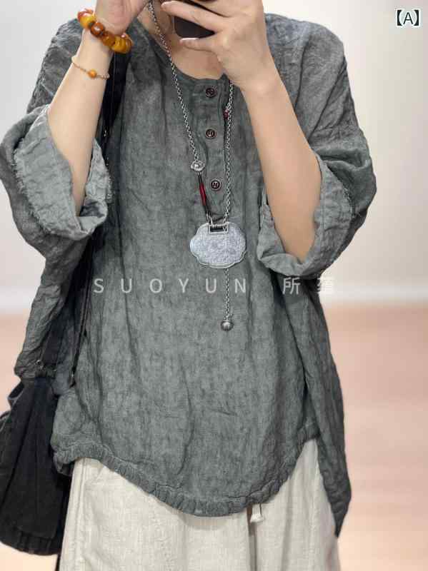 Suoyun 夏の 定番 ハーフ ボタン プルオーバー リネン ショート フロント＆ ロング バック シャツ カジュアル 万能 シンプル 半袖 トップス: 001: 通勤用服装: ゆったりとした素材：リネン袖タイプ：レギュラー素材構成: リ...