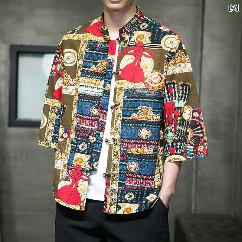 夏 半袖 唐装な チャイナ風 ボタン プリント リネン メンズシャツ 七分袖 コットンと リネン スタンドカラー: その他(衣料品)シルエット: ゆったり服のの詳細: プリント衣類技術: 洗濯済み基本：に適用適用対象：大きめ サイズ該当する...