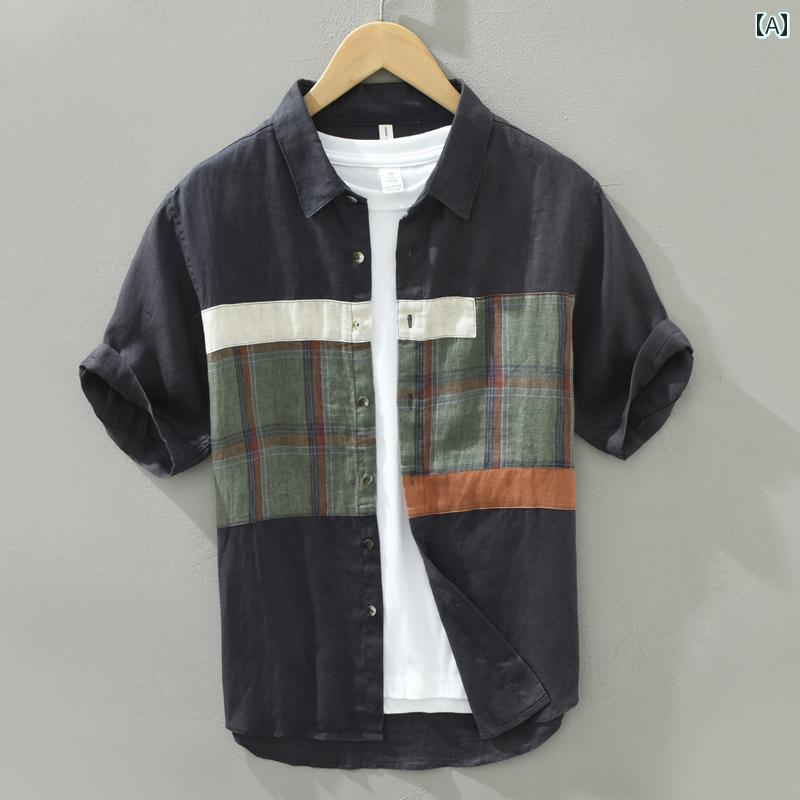 メンズ スプライシング リネン 半袖 シャツ 夏 カジュアル 半袖 シャツ 薄手の コットンと リネンの トップ 服: Baopuサイズ:ML XL 2XL 3XL生地の分類: リネンパターン: チェック柄襟のタイプ: スクエアネック色: ...