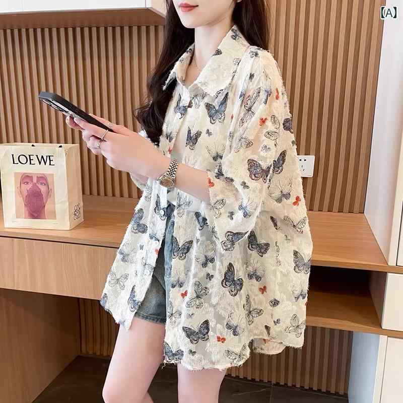 冷感 通気性 薄手 シフォン シャツ レディース 夏 2025 ゆったり 大きいサイズ カーディガン 日焼け防止 服 シャツ ジャケット: 服装: ゆったりとした衣服の詳細：波.ボタン.プリント.刺繍.3D.スプライシング.フロッキング.タ...