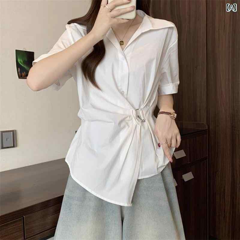 学生 ウエスト シャツ レディース 夏の 不規則な スリム 半袖 トップ レディース生地名: ポリエステル主な生地構成: ポリエステル（ポリエステル繊維）主な生地構成 2: ポリエステル（ポリエステル繊維）パターン: ソリッドカラースタイル...