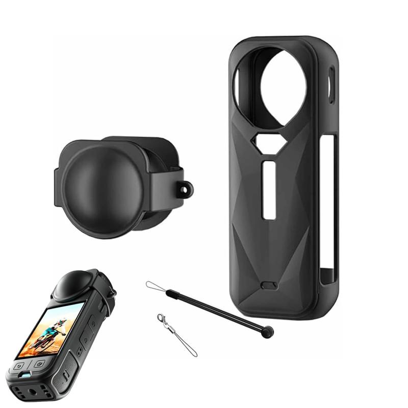 For Insta360 X5 シリコンカバー＋レンズキャップ 無臭でソフト 防水防塵 軽量 耐衝撃性 シリコン素材 キズ防止 着装まま充電可能 for Insta360 X5用 専用保護カバー指紋防止 簡単装着「ストラップ