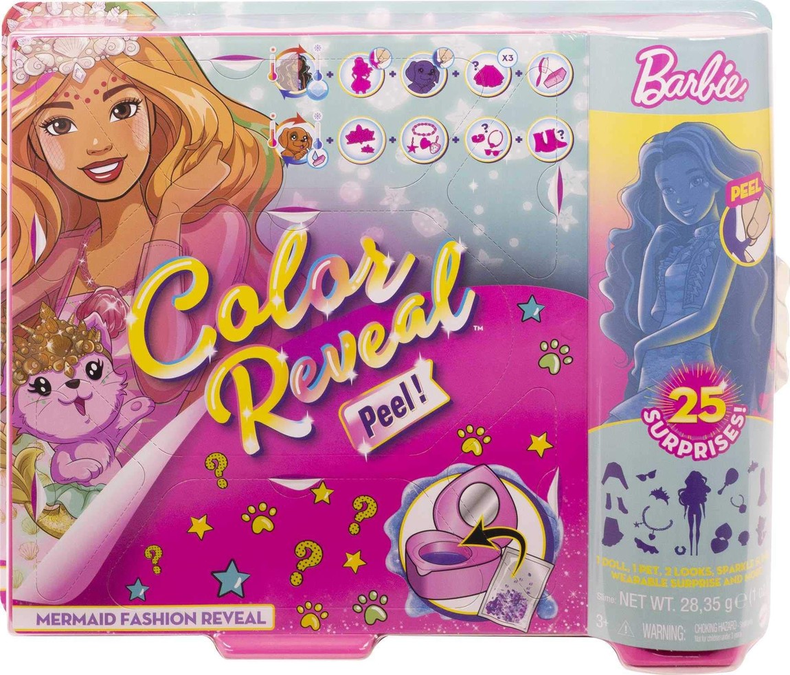 PRODUCT DETAILS バービー カラーリビール ピール マーメイド 25サプライズ 着せ替え人形 プレイセット ペット アクセサリー付き【商品仕様】・ アイテム種別：着せ替え人形 プレイセット・ 付属品：ドール、ペット、衣装2セッ...