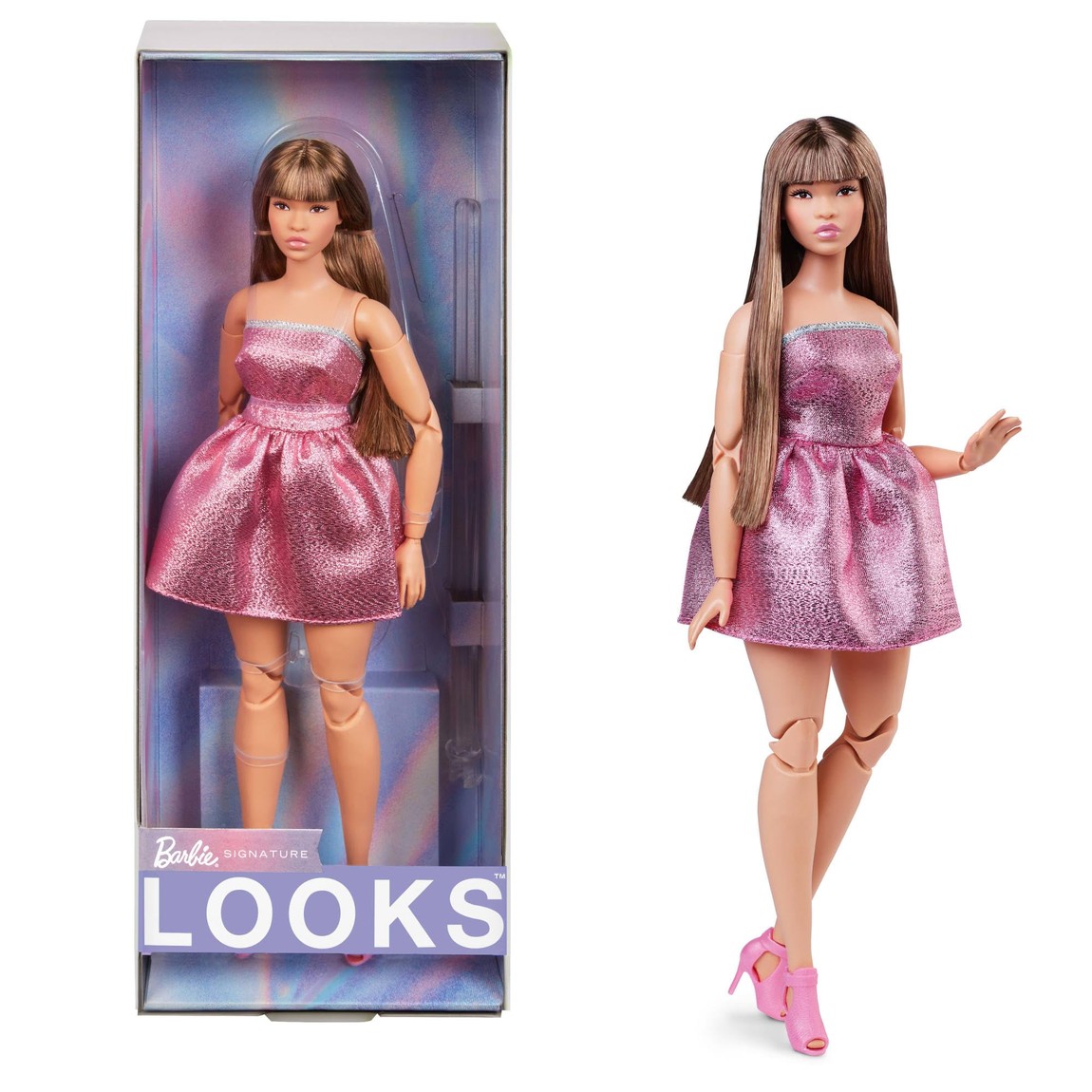 PRODUCT DETAILS バービー ルックス ドール 着せ替え人形 ブラウンヘア ピンクのシマードレス Y2Kファッション 可動ボディ【商品仕様】・ アイテム種別：ドール・着せ替え人形・ シリーズ：バービー ルックス・ ボディタイプ：...