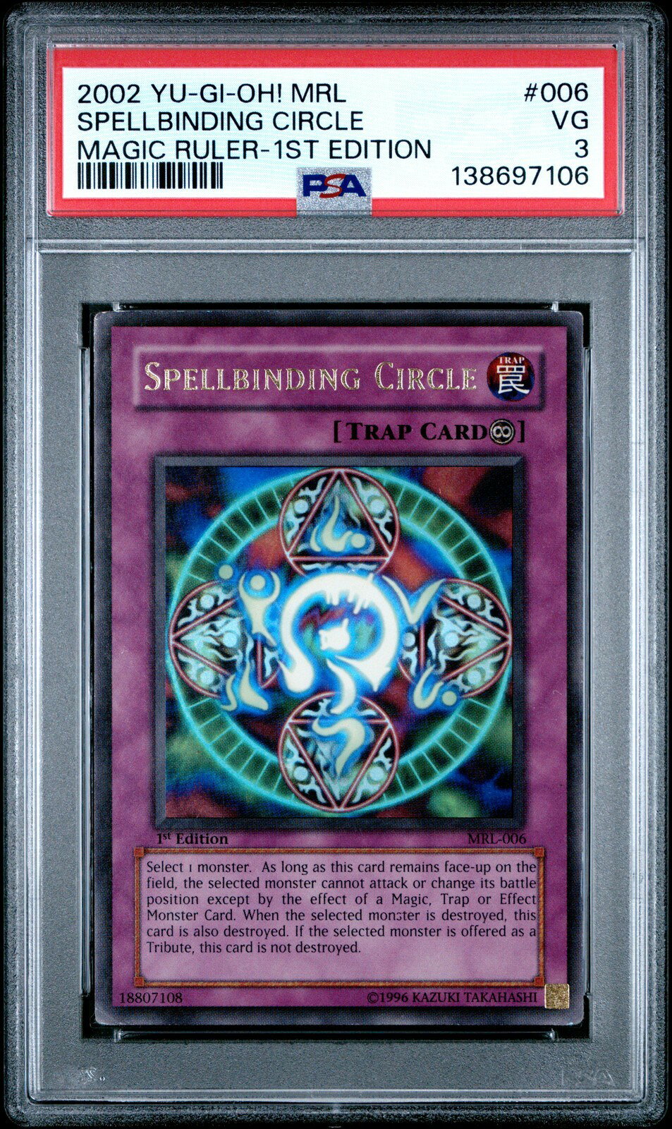 PRODUCT DETAILS 【商品情報】・鑑定機関：PSA・グレード：3・カード名（キャラクター）：SPELLBINDING CIRCLE・年式・シリーズ（セット名）：2002 MRL-MAGIC RULER・カード番号：#006・種別...
