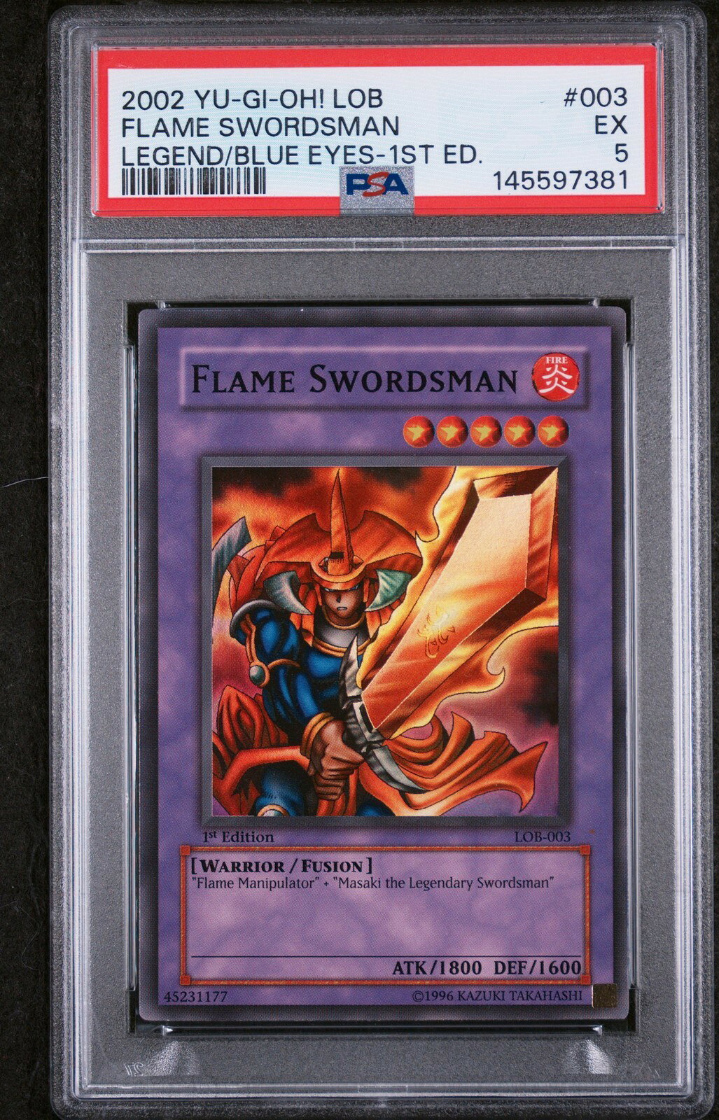 PRODUCT DETAILS 【商品情報】・鑑定機関：PSA・グレード：5・カード名（キャラクター）：Flame Swordsman・年式・シリーズ（セット名）：2002 LOB-LEGEND OF BLUE EYES WHITE DRA...