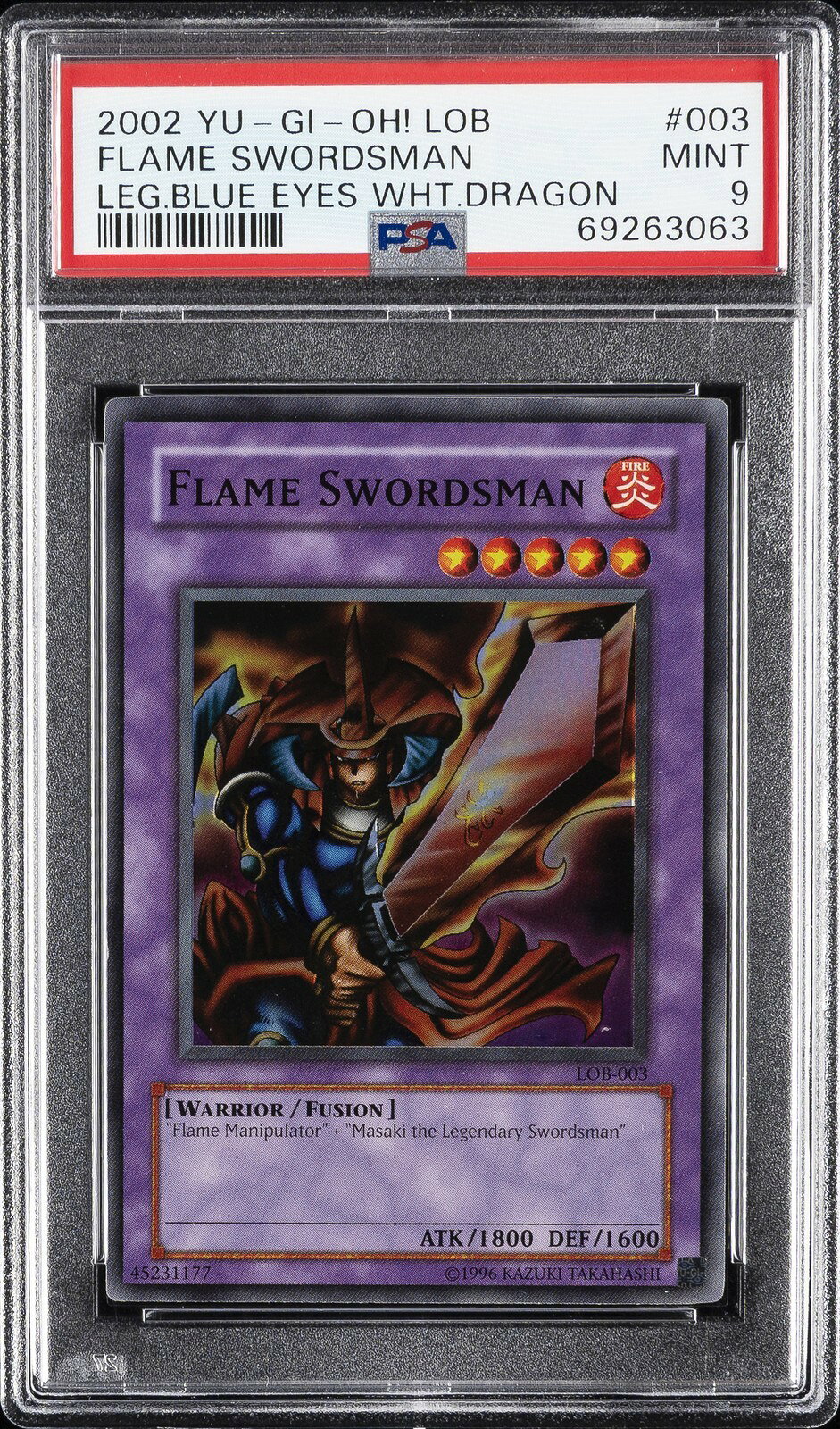 PRODUCT DETAILS 【商品情報】・鑑定機関：PSA・グレード：9・カード名（キャラクター）：FLAME SWORDSMAN (フレイム・スウォードマン)・年式・シリーズ（セット名）：2002 LOB-LEGEND OF BLUE...
