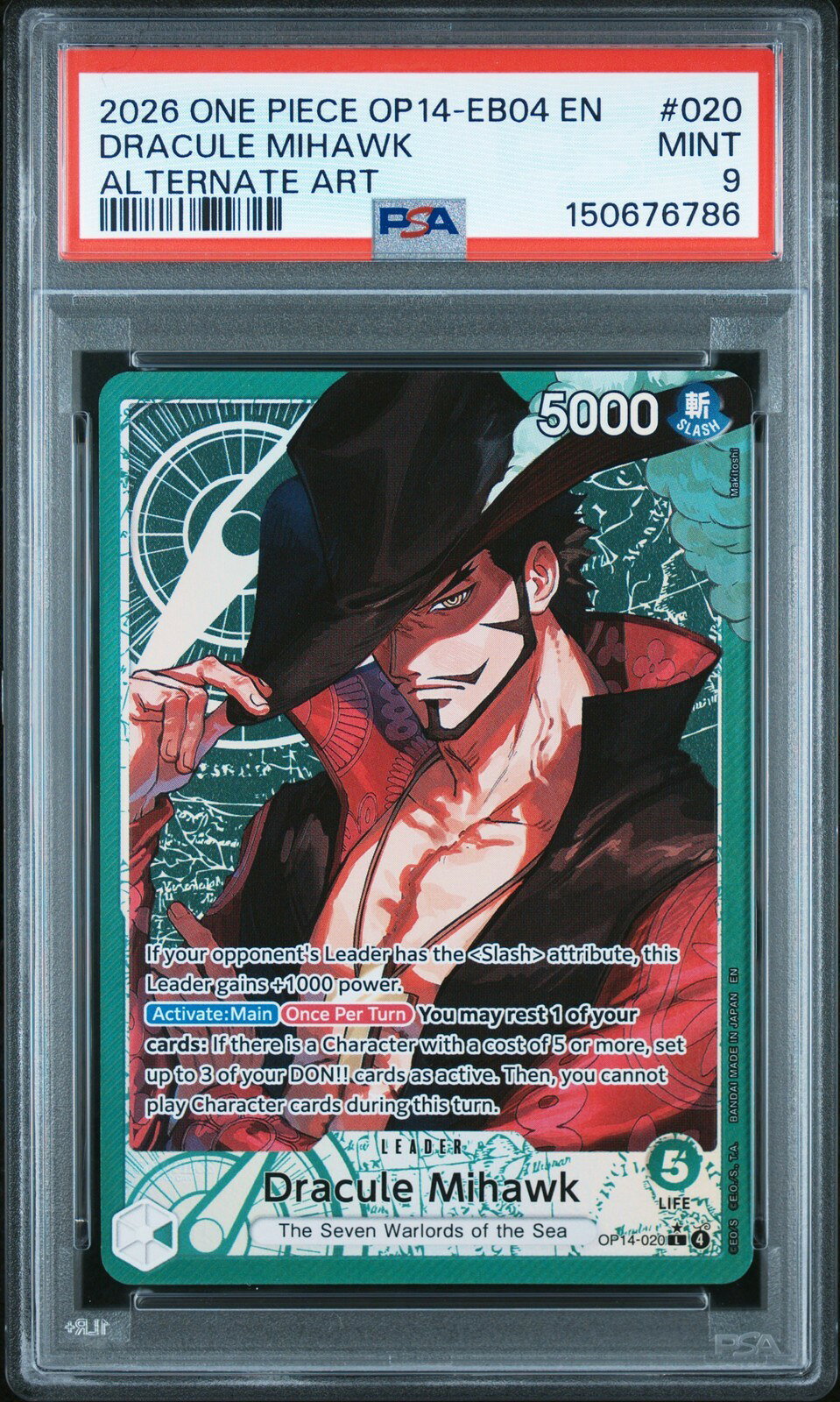 PRODUCT DETAILS 【商品情報】・鑑定機関：PSA・グレード：9・カード名（キャラクター）：DRACULE MIHAWK (ジュラキュール・ミホーク)・年式・シリーズ（セット名）：2026 ONE PIECE OP14-EB04...