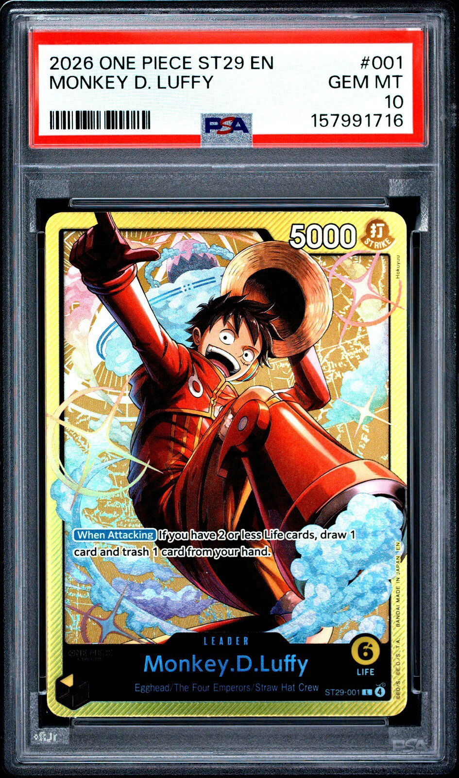 PRODUCT DETAILS 【商品情報】・鑑定機関：PSA・グレード：10・カード名（キャラクター）：MONKEY D. LUFFY (モンキー・D・ルフィ)・年式・シリーズ（セット名）：2026 STARTER DECK ST29-E...