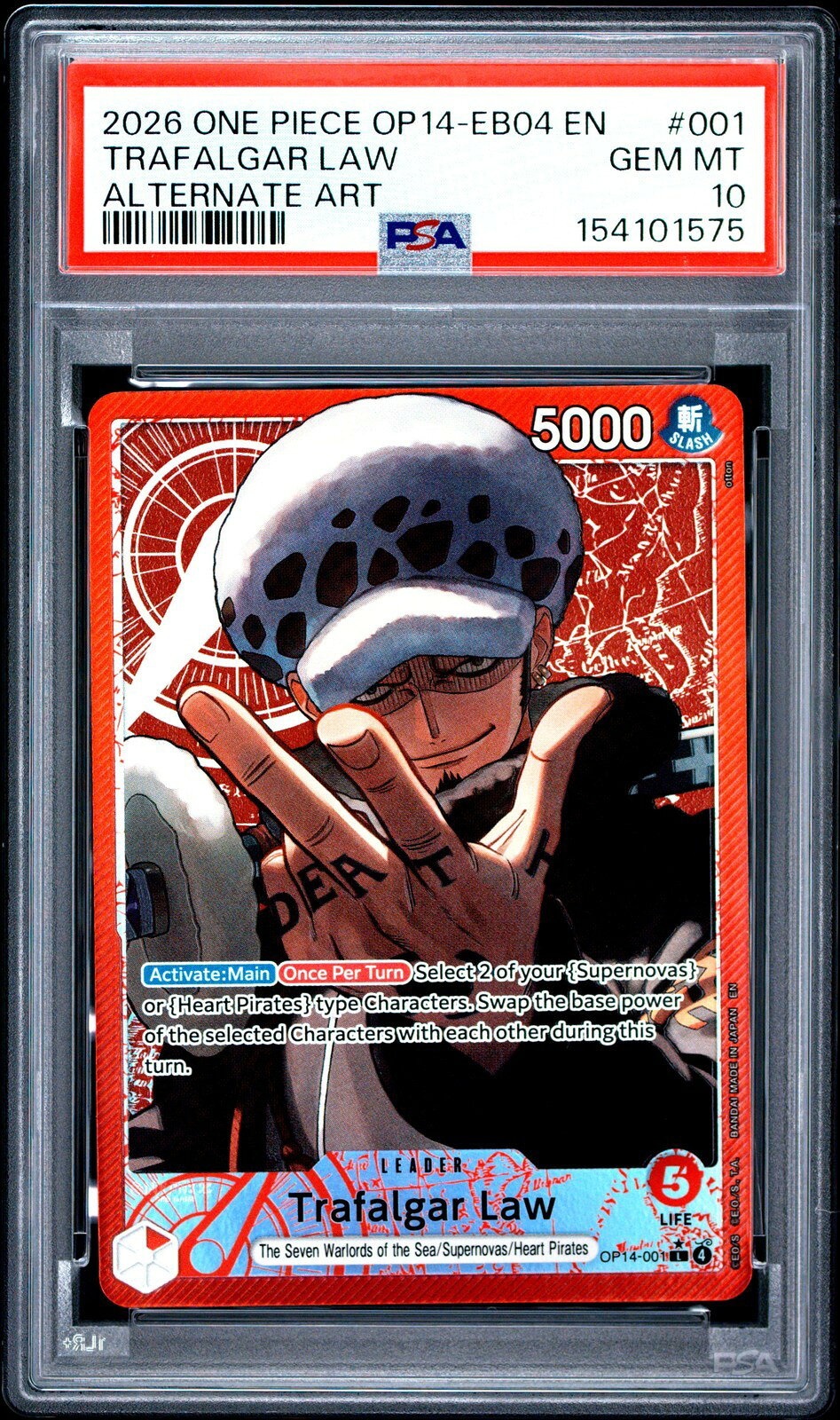 PRODUCT DETAILS 【商品情報】・鑑定機関:PSA・グレード:10・カード名（キャラクター）:TRAFALGAR LAW（トラファルガー・ロー）・年式・シリーズ（セット名）:2026 ONE PIECE OP14-EB04-TH...