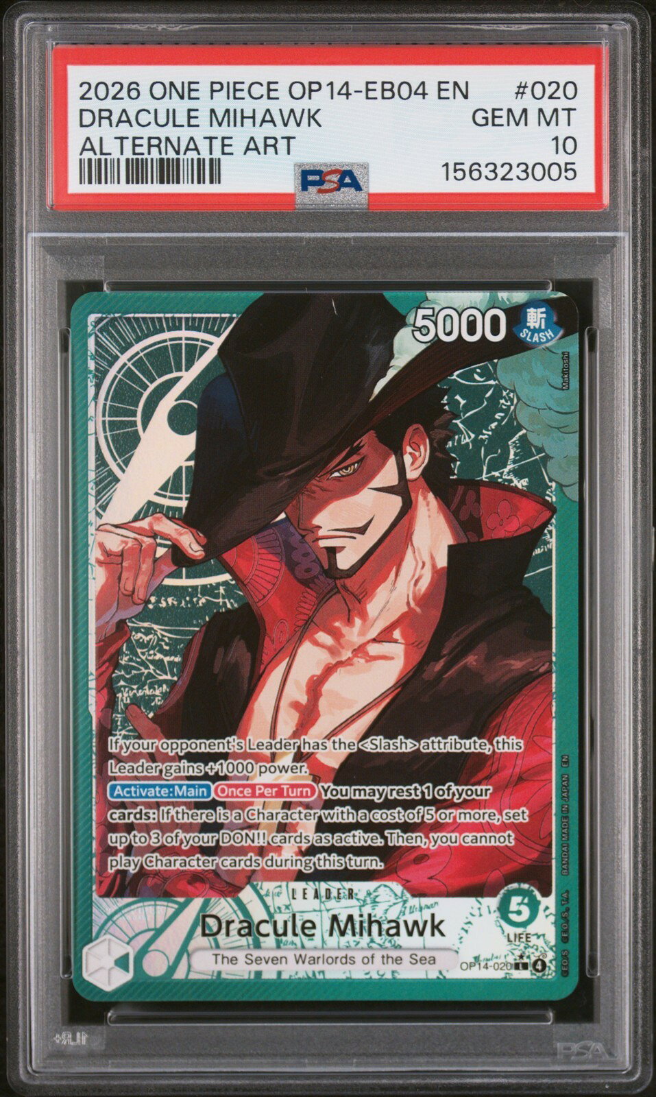 PRODUCT DETAILS 【商品情報】・鑑定機関:PSA・グレード:10・カード名（キャラクター）:DRACULE MIHAWK・年式・シリーズ（セット名）:2026 ONE PIECE OP14-EB04-THE AZURE SEA...