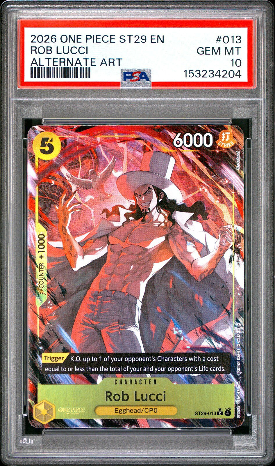 PRODUCT DETAILS 【商品情報】・鑑定機関：PSA・グレード：10・カード名（キャラクター）：ROB LUCCI・年式・シリーズ（セット名）：2026 STARTER DECK ST29-EGGHEAD・カード番号：#013・種...