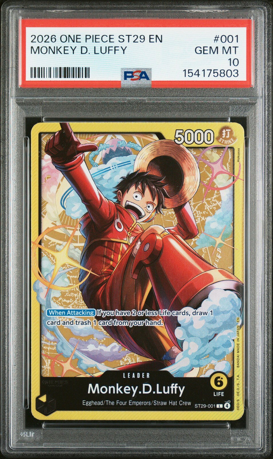 PRODUCT DETAILS 【商品情報】・鑑定機関: PSA・グレード: 10・カード名（キャラクター）: MONKEY D. LUFFY・年式・シリーズ（セット名）: 2026 STARTER DECK ST29-EGGHEAD・カー...