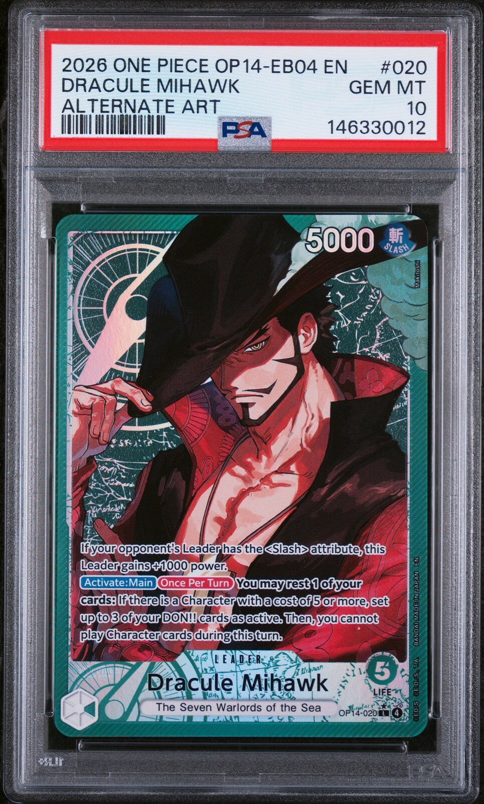 PRODUCT DETAILS 【商品情報】・鑑定機関:PSA・グレード:10・カード名（キャラクター）:DRACULE MIHAWK・年式・シリーズ（セット名）:2026 ONE PIECE OP14-EB04-THE AZURE SEA...