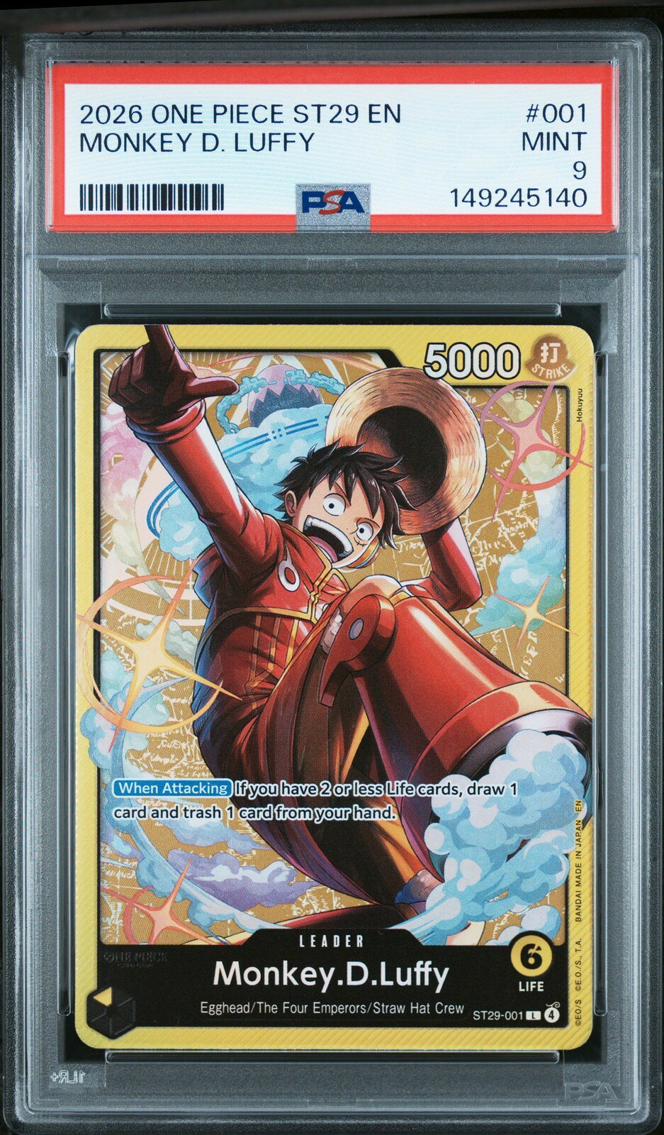 PRODUCT DETAILS 【商品情報】・鑑定機関：PSA・グレード：9・カード名（キャラクター）：MONKEY D. LUFFY・年式・シリーズ（セット名）：2026 ONE PIECE STARTER DECK ST29-EGGHE...