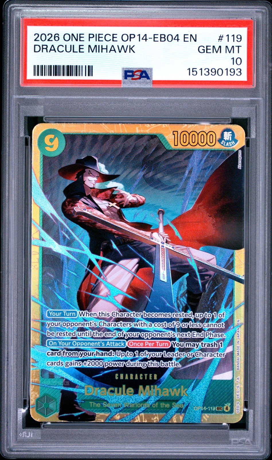 PRODUCT DETAILS 【商品情報】・鑑定機関: PSA・グレード: 10・カード名（キャラクター）: DRACULE MIHAWK・年式・シリーズ（セット名）: 2026 ONE PIECE OP14-EB04-THE AZURE...