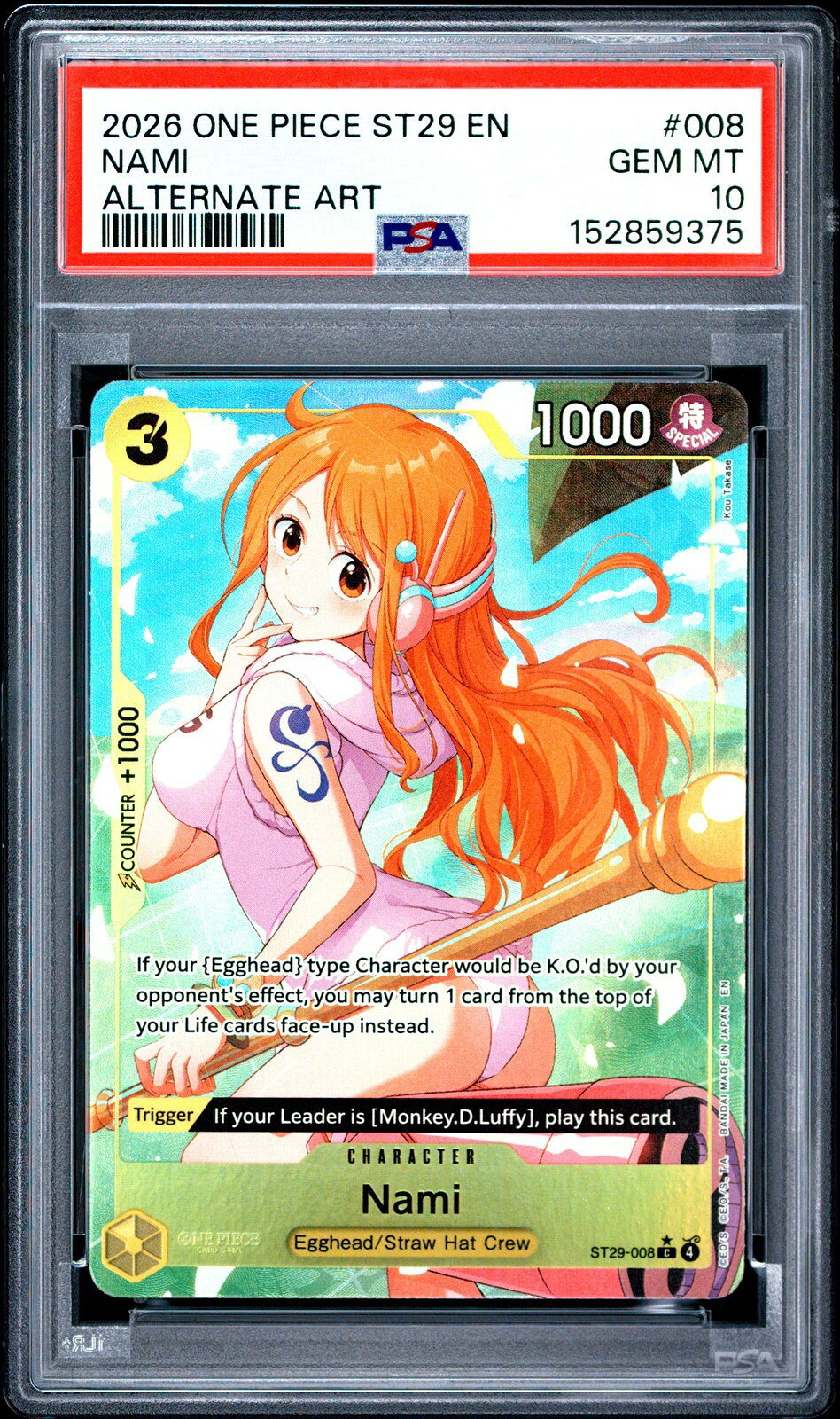 PRODUCT DETAILS 【商品情報】・鑑定機関: PSA・グレード: 10・カード名（キャラクター）: NAMI (ナミ)・年式・シリーズ（セット名）: 2026 STARTER DECK ST29-EGGHEAD・カード番号: #...