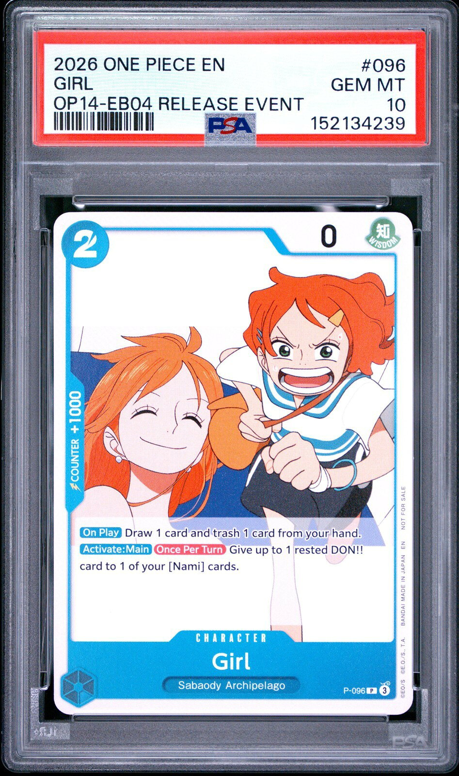 PRODUCT DETAILS 【商品情報】・鑑定機関：PSA・グレード：10・カード名（キャラクター）：GIRL・年式・シリーズ（セット名）：2026 ONE PIECE PROMOS THE AZURE SEA'S SEVEN RELE...