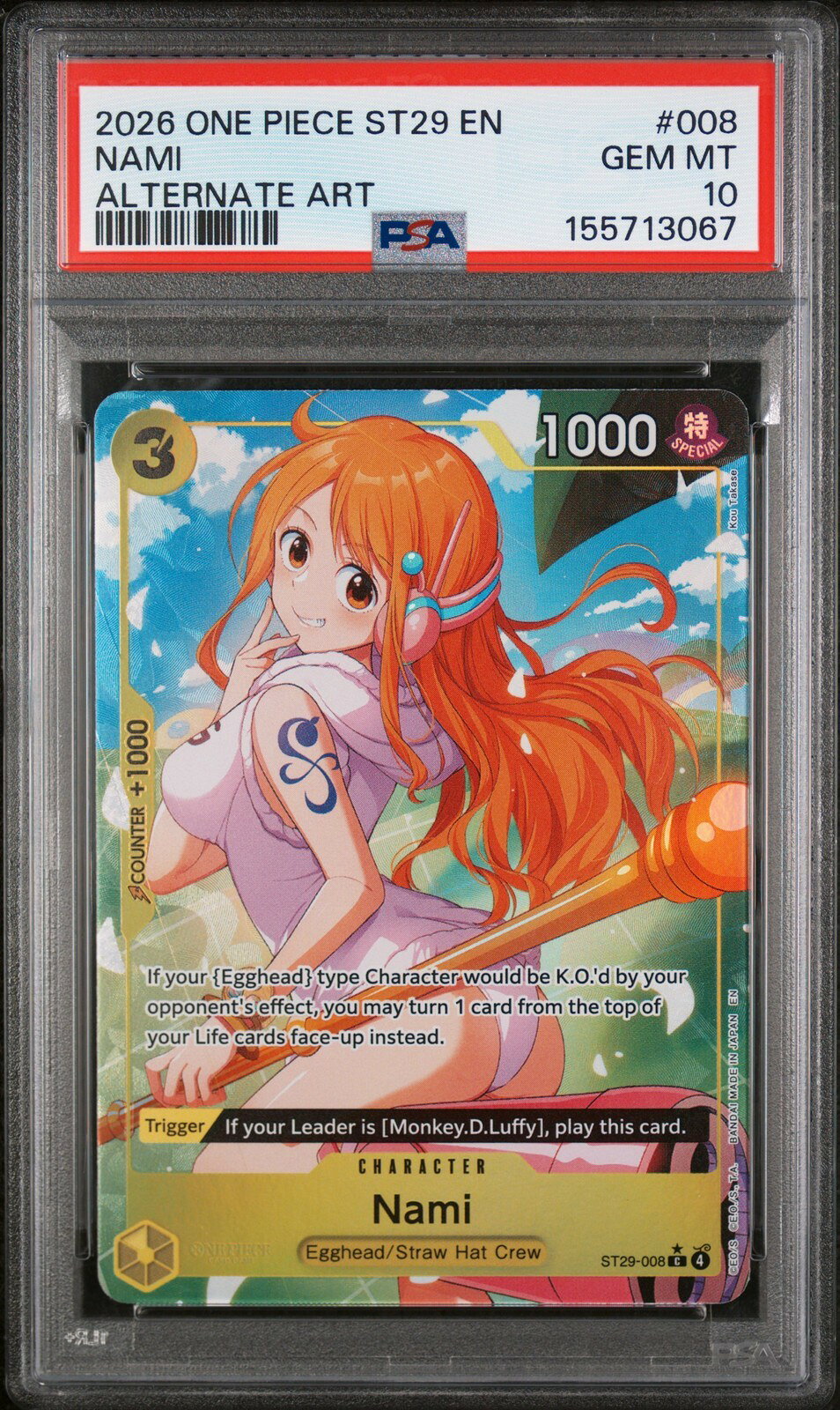 PRODUCT DETAILS 【商品情報】・鑑定機関：PSA・グレード：10・カード名（キャラクター）：ナミ NAMI・年式・シリーズ（セット名）：2026 STARTER DECK ST29-EGGHEAD・カード番号：#008・種別：...