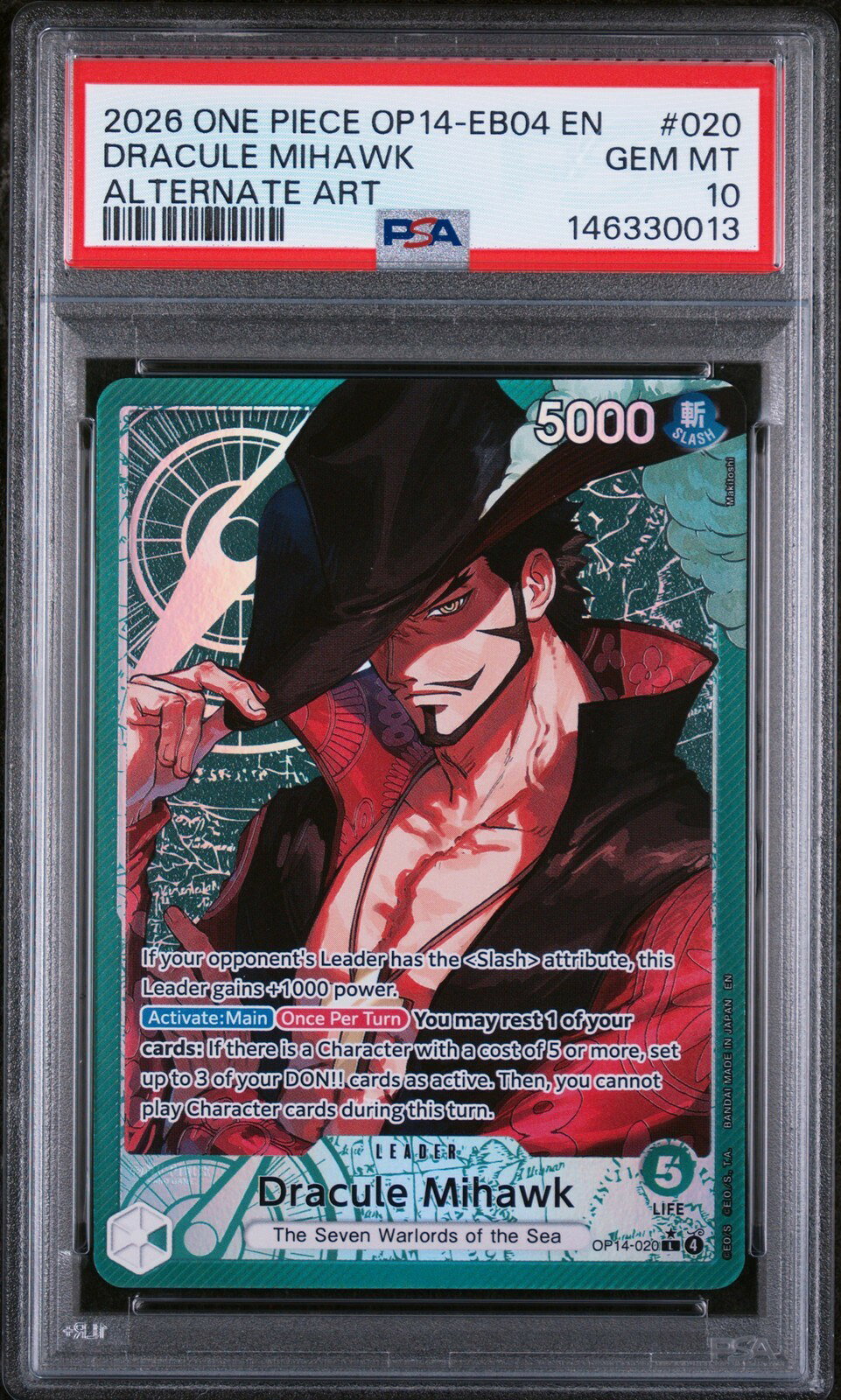 PRODUCT DETAILS 【商品情報】・鑑定機関：PSA・グレード：10・カード名（キャラクター）：DRACULE MIHAWK・年式・シリーズ（セット名）：2026 ONE PIECE OP14-EB04-THE AZURE SEA...